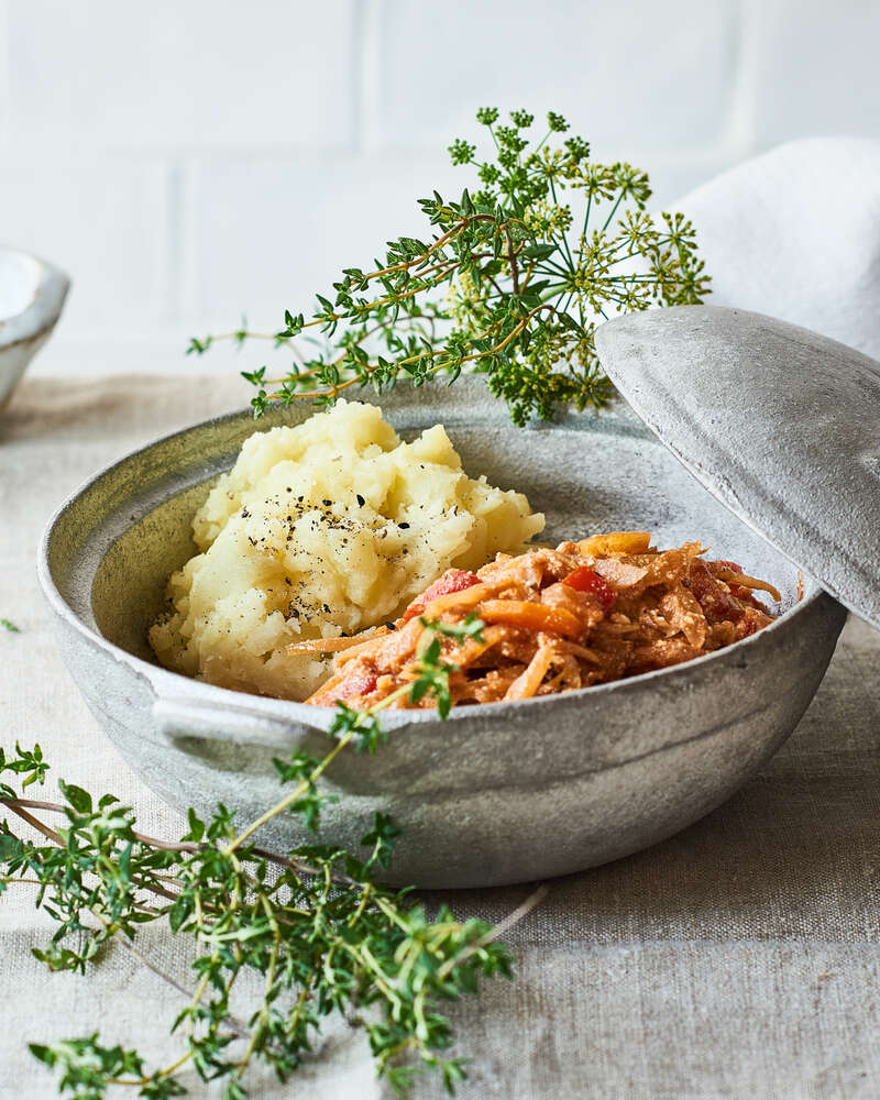 Paprikagryde med ost og kartoffelmos - Sense opskrift