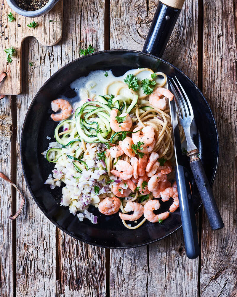 Pasta og squash med rejer i flødesauce - Sense opskrift