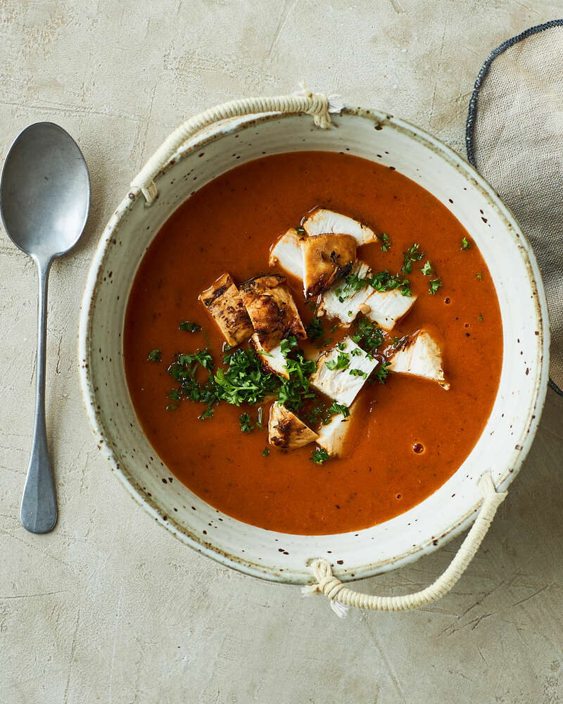 Bagt tomatsuppe med balsamico og kylling - Sense opskrift